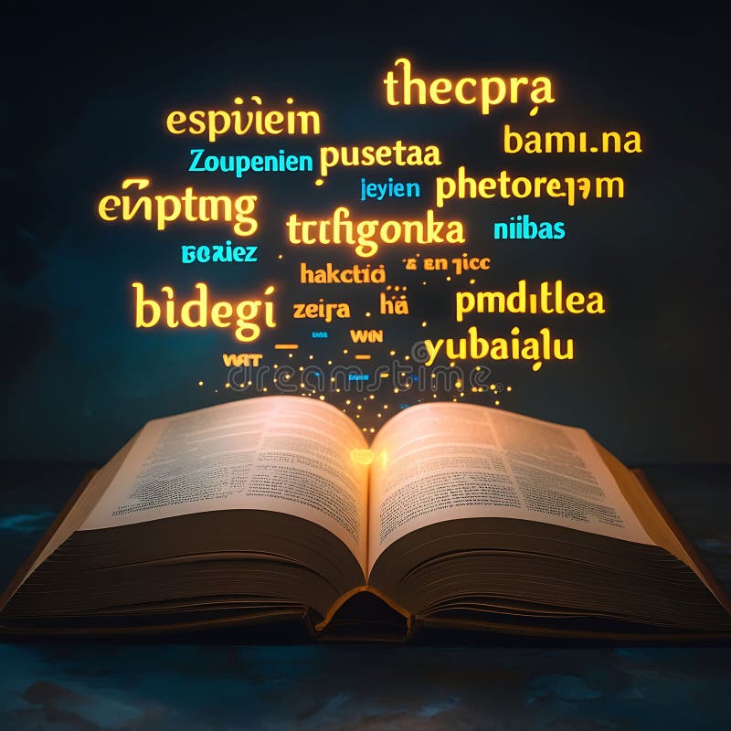 Open Book with Glowing Words in Multiple Languages Stock Illustration ...