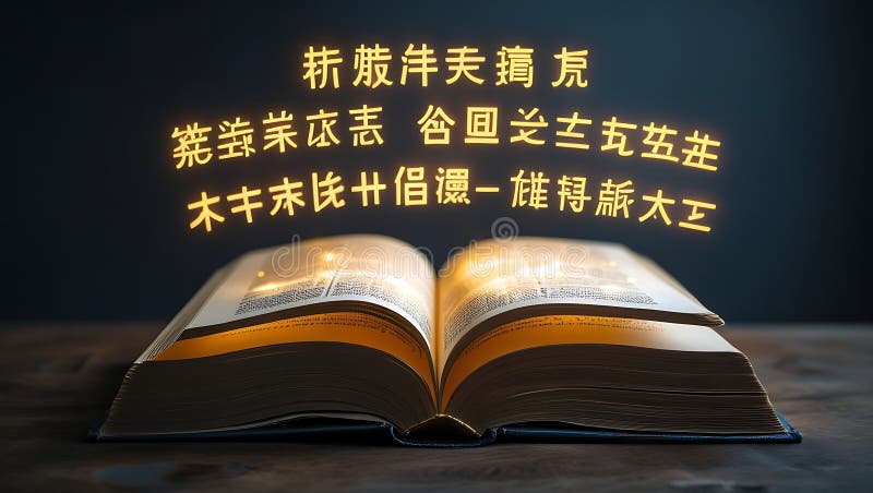 Open Book with Glowing Words in Multiple Languages Stock Illustration ...