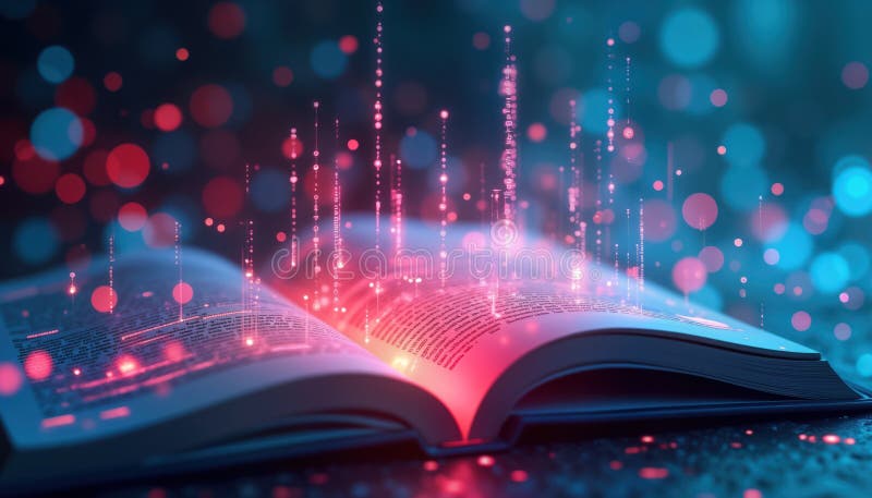 Open Book Glows with Digital Data. Artificial Intelligence Processes ...