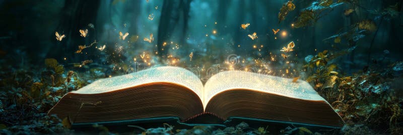 An Open Book Glows with Magic Illuminating the Surrounding Forest the ...