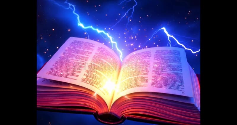 Open Book with Lightning and Stars Creating a Fantasy Scene Stock Video ...