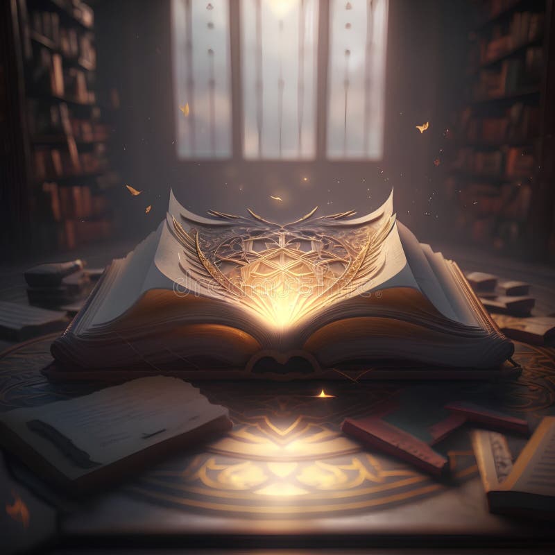 Open Book with Gold Pattern on Pages in Library. 3D Rendering Stock ...