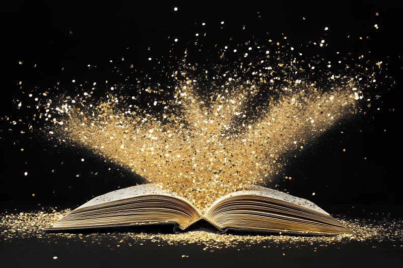 An Open Book with Golden Pages and Glitter Emanating Upwards on a Dark ...