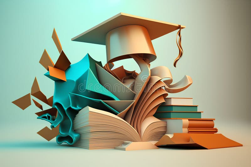 Open Book with Graduation Cap and Stack of Books. 3d Illustration Stock ...