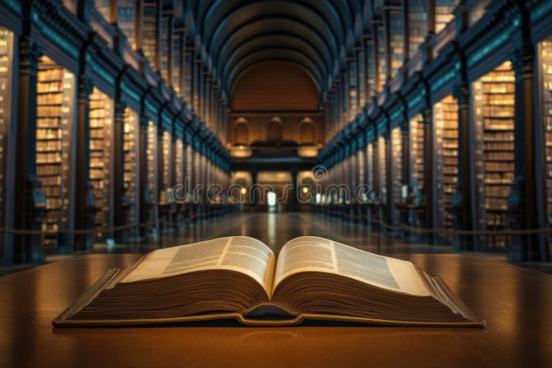 Open Book in a Grand Library Hallway with Endless Rows of Shelves and ...