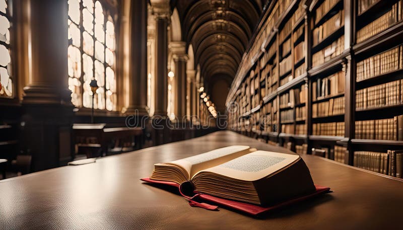 Open Book in a Grand Library Stock Illustration - Illustration of ...