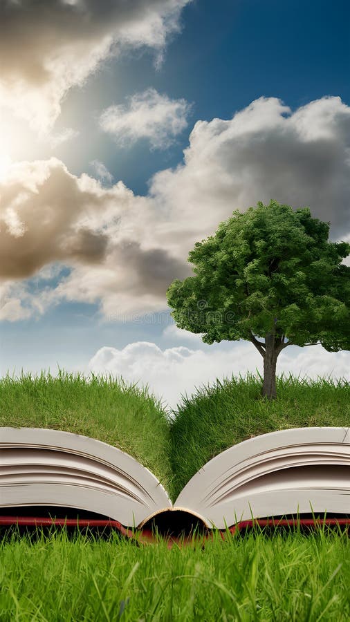 Open Book with Grass Covered Pages, Solitary Tree, Dramatic Sky ...