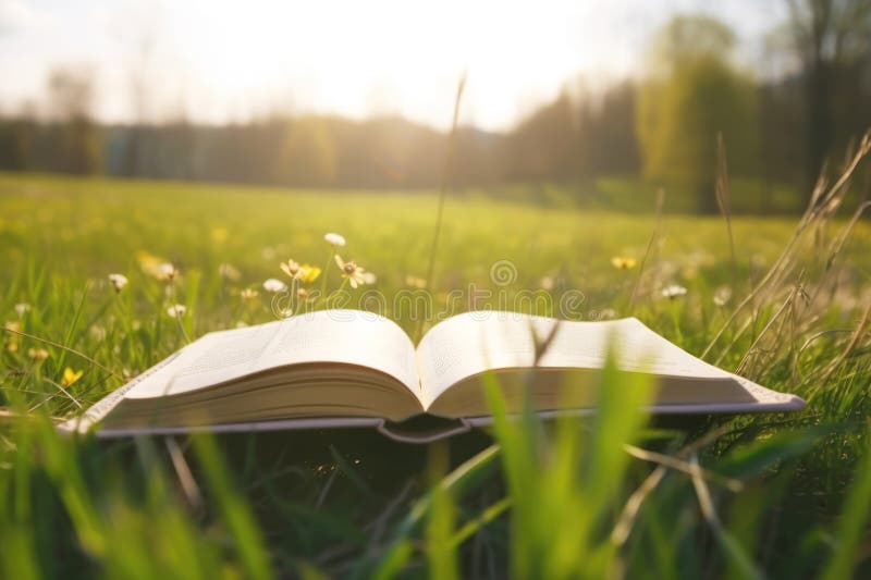 Open Book on Grass Field and Meadow Background Stock Illustration ...