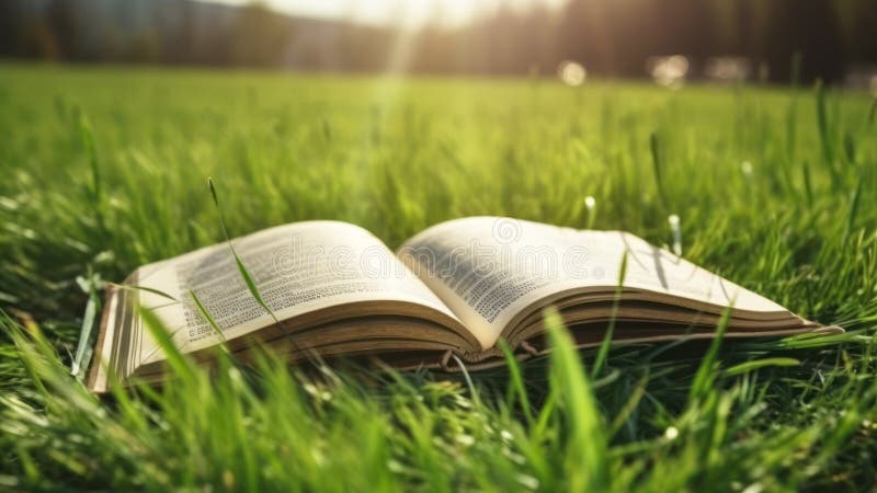 Open Book on Grass Field and Meadow Background Stock Illustration ...