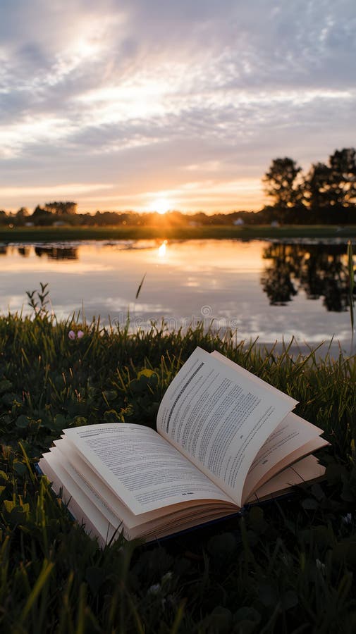 Open Book on Grass with Sunset Reflection, Evoking Peace and Reflection ...