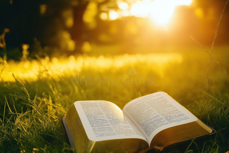 Open Book on Grassy Field at Sunset with Warm Sunlight Illuminating the ...