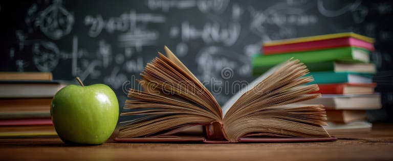 The Open Book and Green Apple on a Study Desk for Educational ...