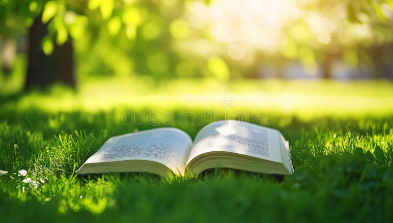 Open Book on Green Grass with Sunlight Stock Illustration ...