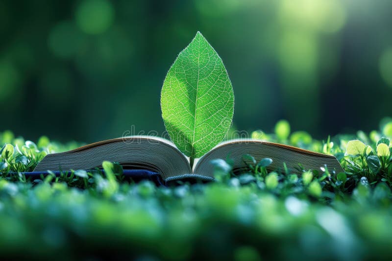 An Open Book with a Green Leaf Emerging from Its Pages in a Sunlit ...