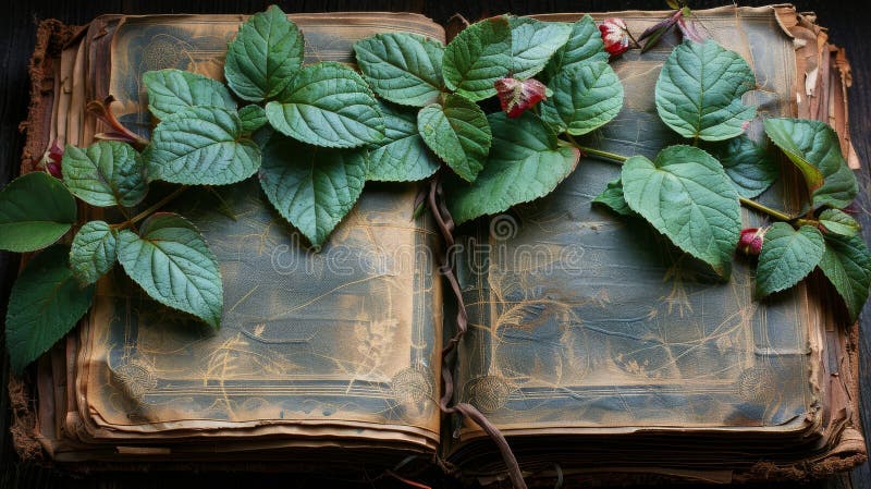 Open Book with Green Leaves Stock Image - Image of arrangement, close ...