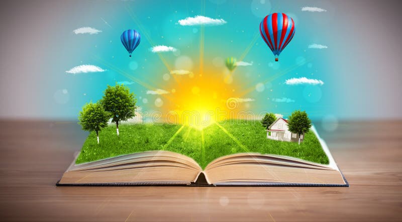 Open Book with Green Nature World Coming Out of Its Pages Stock Image ...