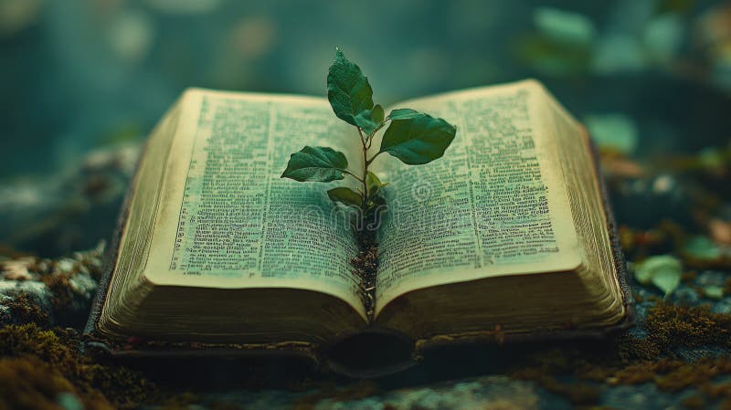 Open Book with Green Plant Growing from Pages in Natural Setting Stock ...