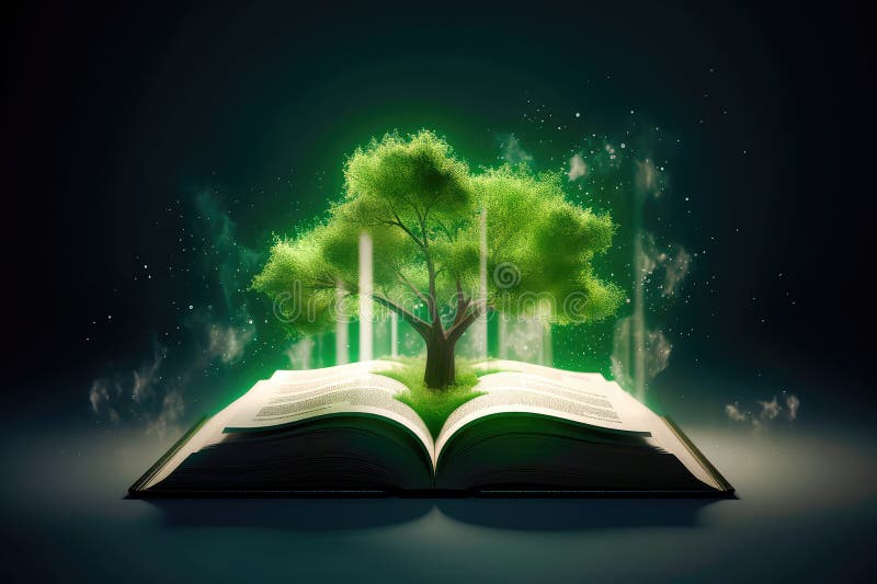 Open Book with Green Tree and Rays of Light. Generative AI Stock Image ...