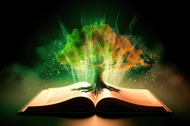 Open Book with Green Tree and Rays of Light. Generative AI Stock Image ...