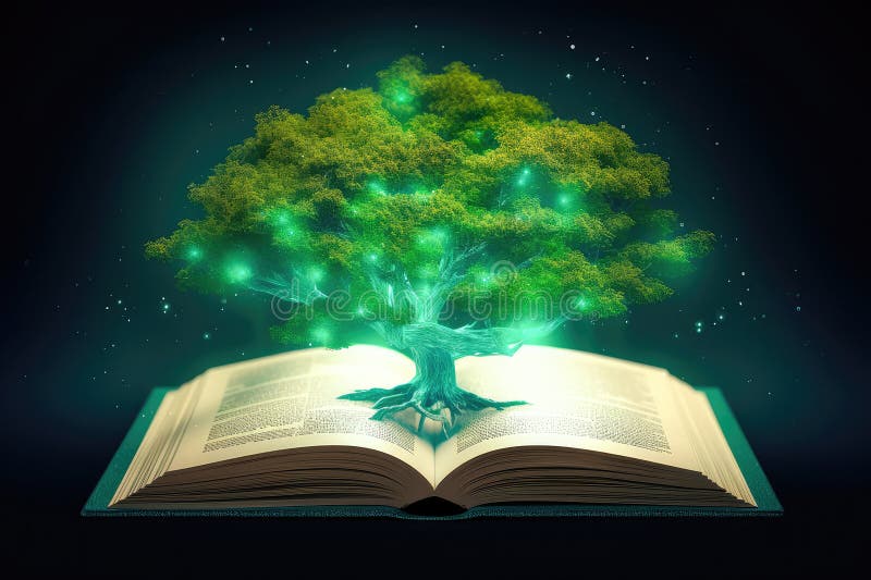 Open Book with Green Tree and Rays of Light. Generative AI Stock Image ...