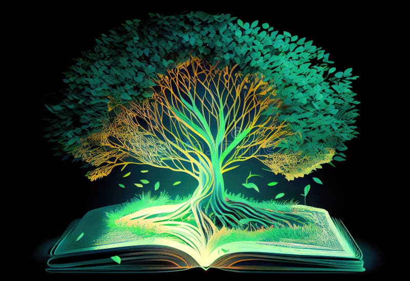 Open Book with Green Tree and Rays of Light. Generative AI Stock Image ...