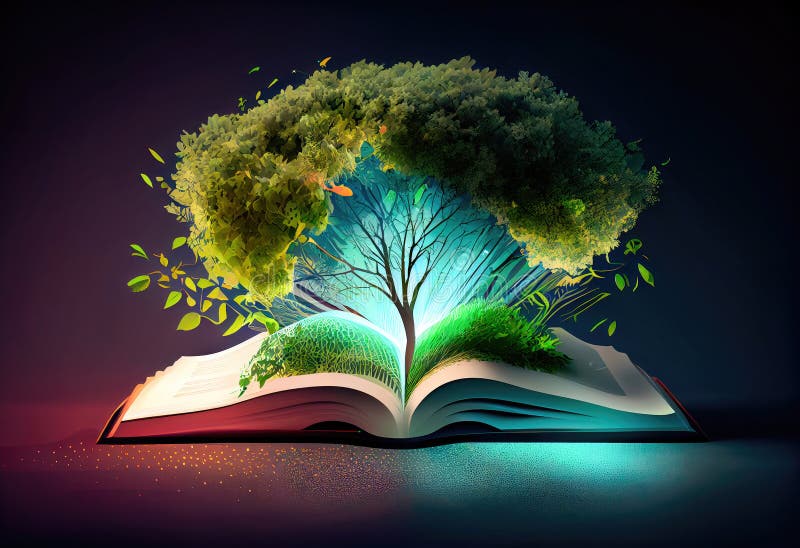 Open Book with Green Tree and Rays of Light. Generative AI Stock Image ...