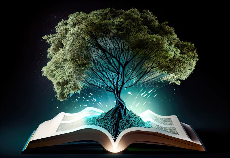 Open Book with Green Tree and Rays of Light. Generative AI Stock Image ...