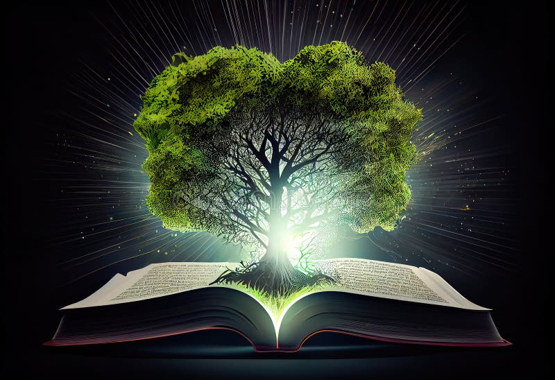 Open Book with Green Tree and Rays of Light. Generative AI Stock Photo ...