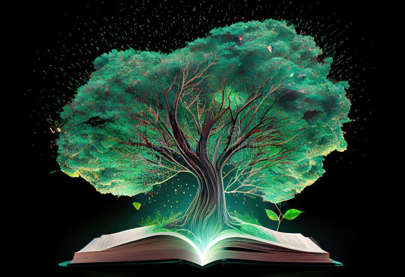 Open Book with Green Tree and Rays of Light. Generative AI Stock Image ...
