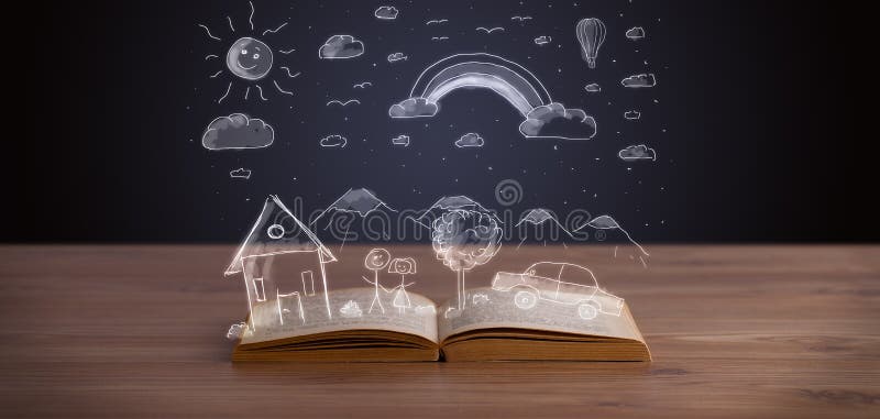Open Book with Hand Drawn Landscape Stock Photo - Image of family ...