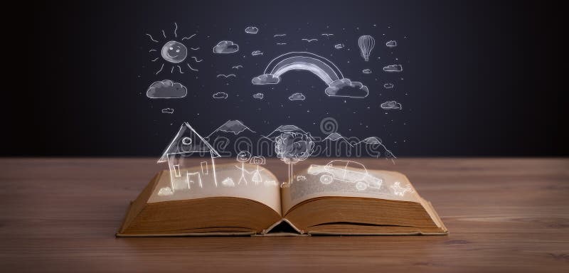Open Book with Hand Drawn Landscape Stock Image - Image of creative ...