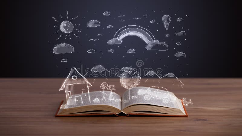 Open Book with Hand Drawn Landscape Stock Photo - Image of hands, human ...