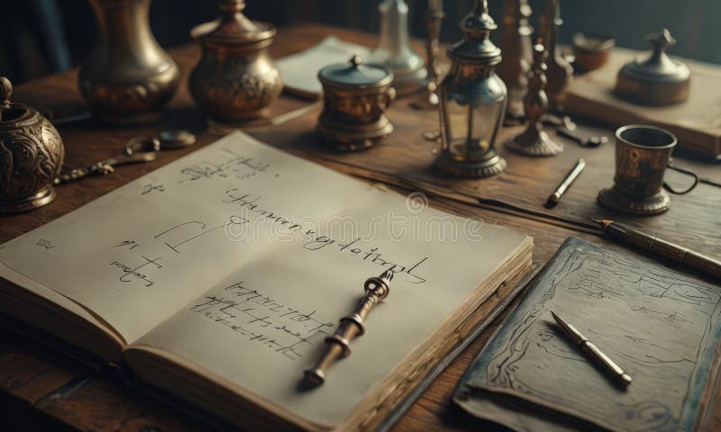 Open Book with Handwritten Notes Rests on Wooden Table, Accompanied by ...