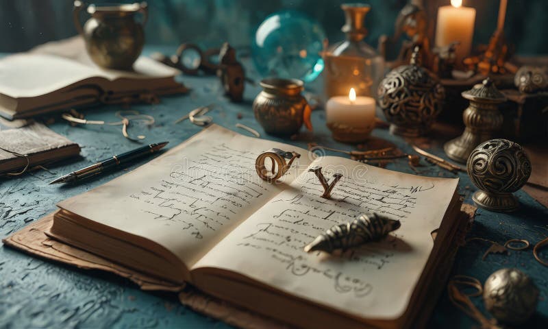 Open Book with Handwritten Text Lies on Blue Surface, Surrounded by ...