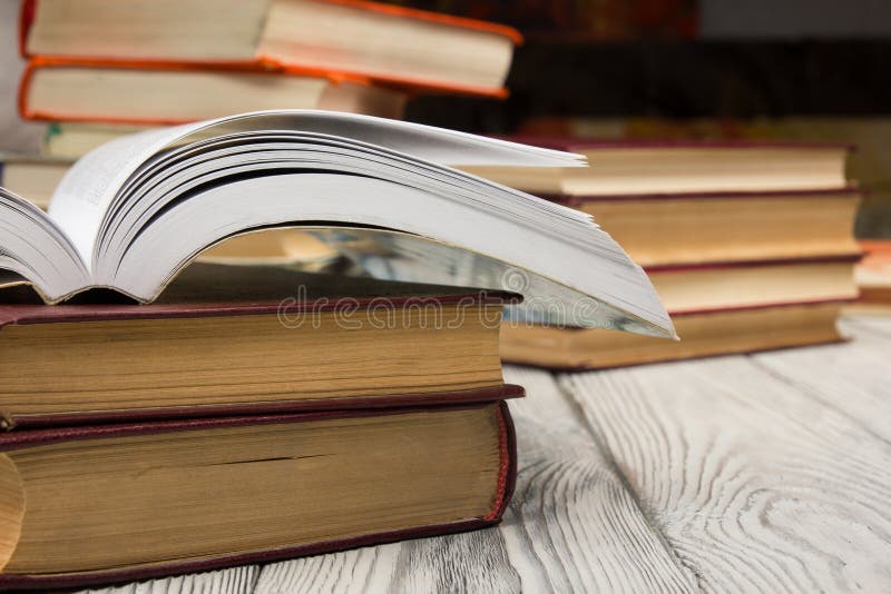 Open Book, Hardback Books on Wooden Table. Back To Stock Image - Image ...