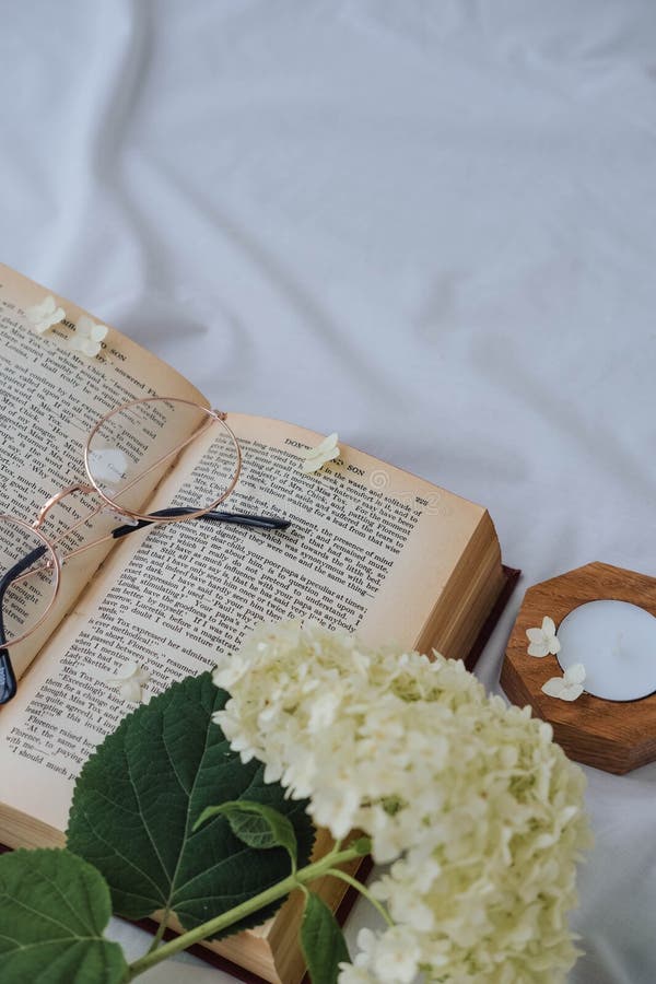 Open Book with Hydrangea Flowers and Glasses on White Bed Stock Photo ...