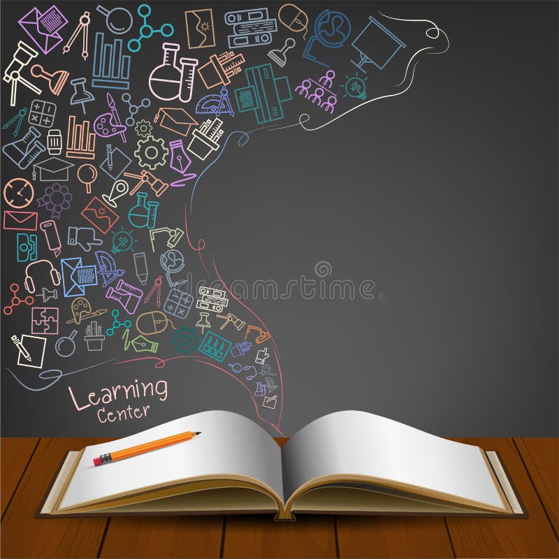 Open Book with Icon Doodles on Back Background. Education Vector ...