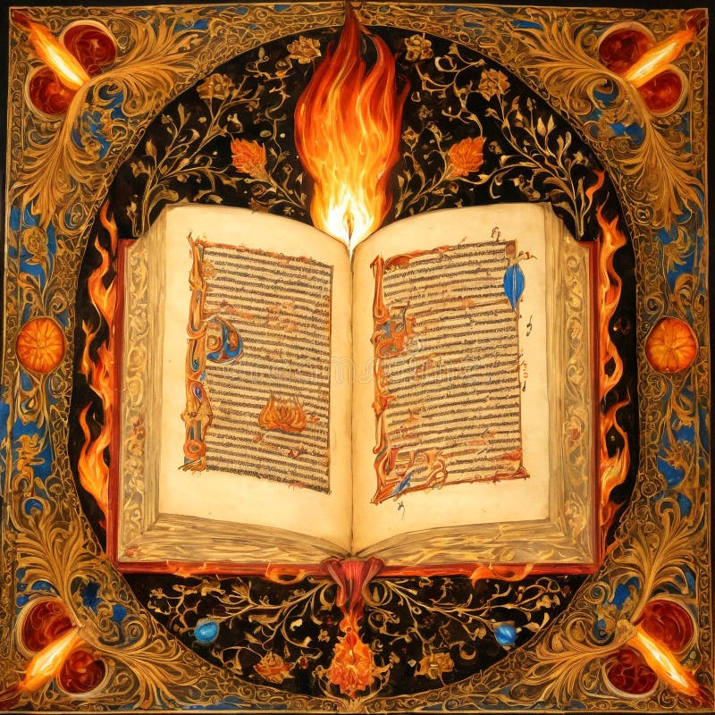 Open Book Illuminated with Flame Stock Illustration - Illustration of ...