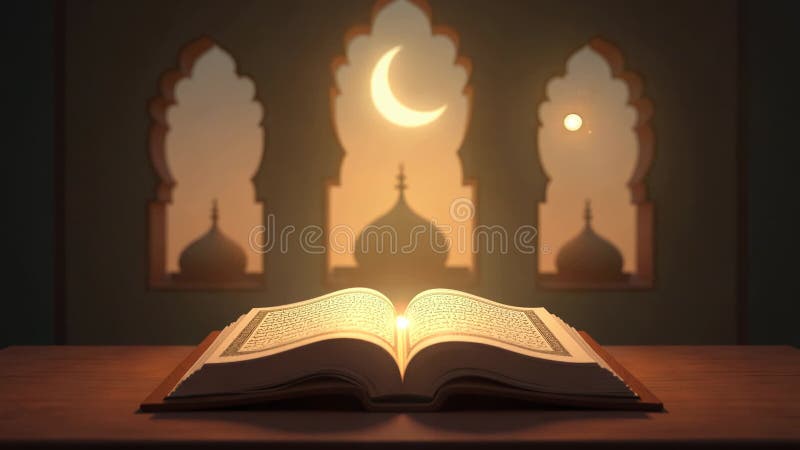 Open Book in Twilight with Crescent Moon and Architectural Arches Stock ...