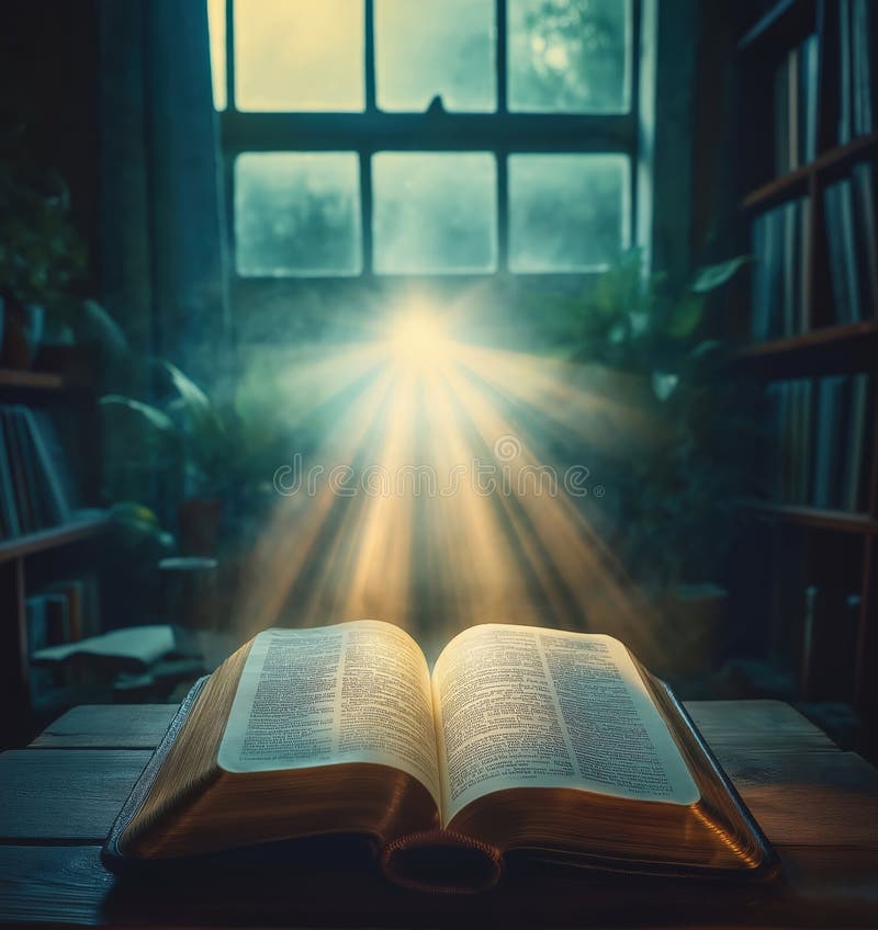 Open Book Illuminated by Sunlight in Cozy Library Setting with Plants ...