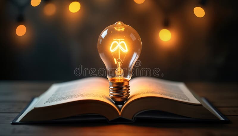 Open Book Illuminates Knowledge. Light Bulb Glows Above Pages ...