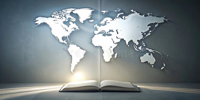 Open Book Illuminates World Map on Wall, Symbolizing Global Knowledge ...