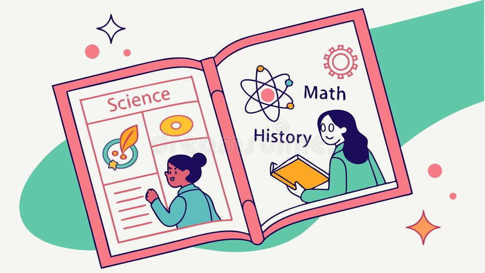 Open Book Illustration with Science and Math Subjects Vector Design ...