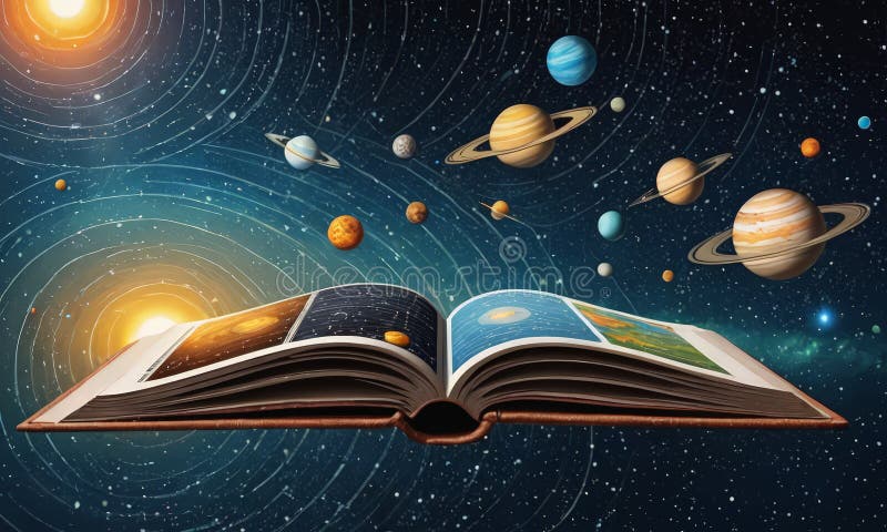 Open Book with Illustrations Planets and Stars Floating Around it, Set ...