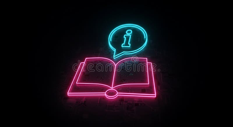 Open Book with Information Symbol Glowing in Neon on Dark Surface Stock ...
