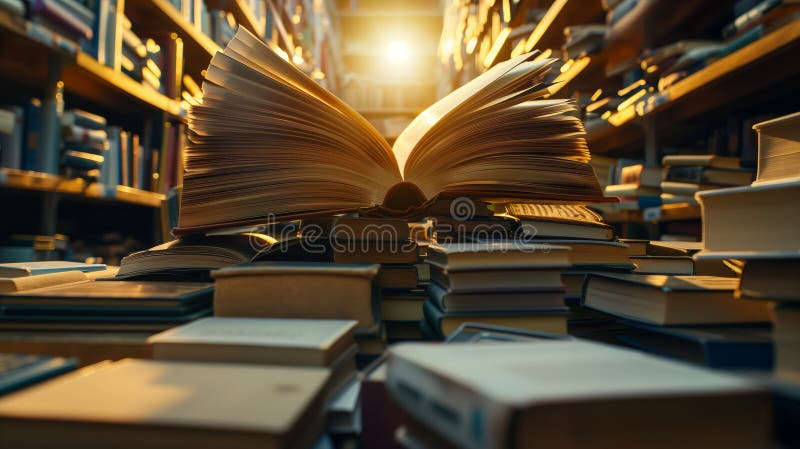 Open Book Pages Spread Warm Sunlight Piles Books Library Literature ...