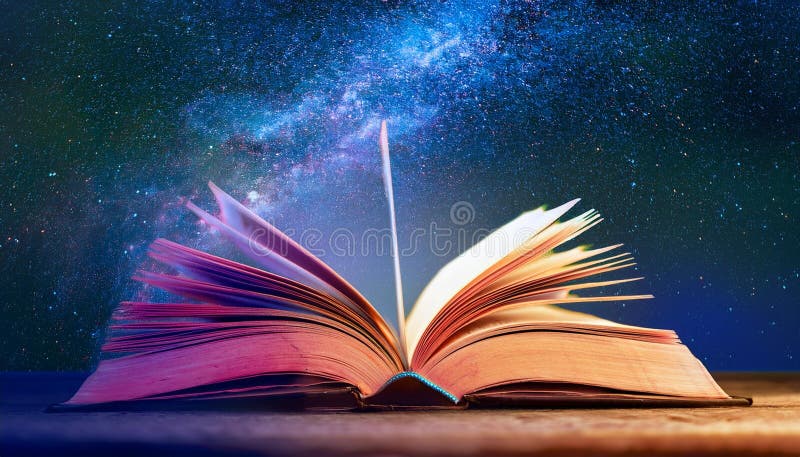 Open Book Knowledge on Stacked Books Under Starry Sky Galaxy Dreamlike ...