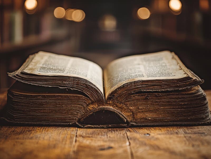 Open Book Laid on a Wooden Table Surrounded by Natural Light Creating a ...