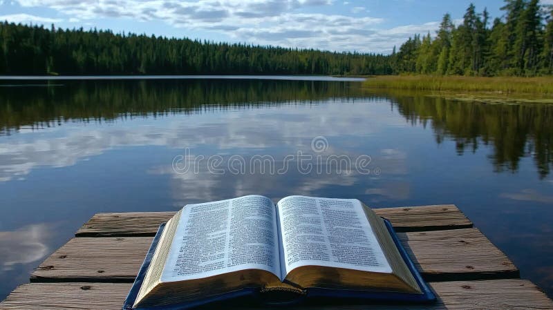 Open Book on Lake Dock, Serene Forest Backdrop, Peaceful Reading Imagen ...