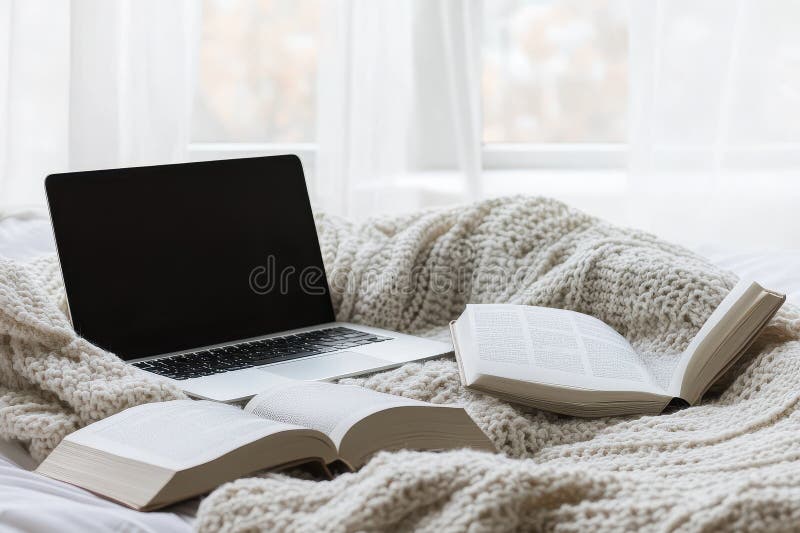 Open Book and Laptop on a Cozy Blanket Stock Illustration ...